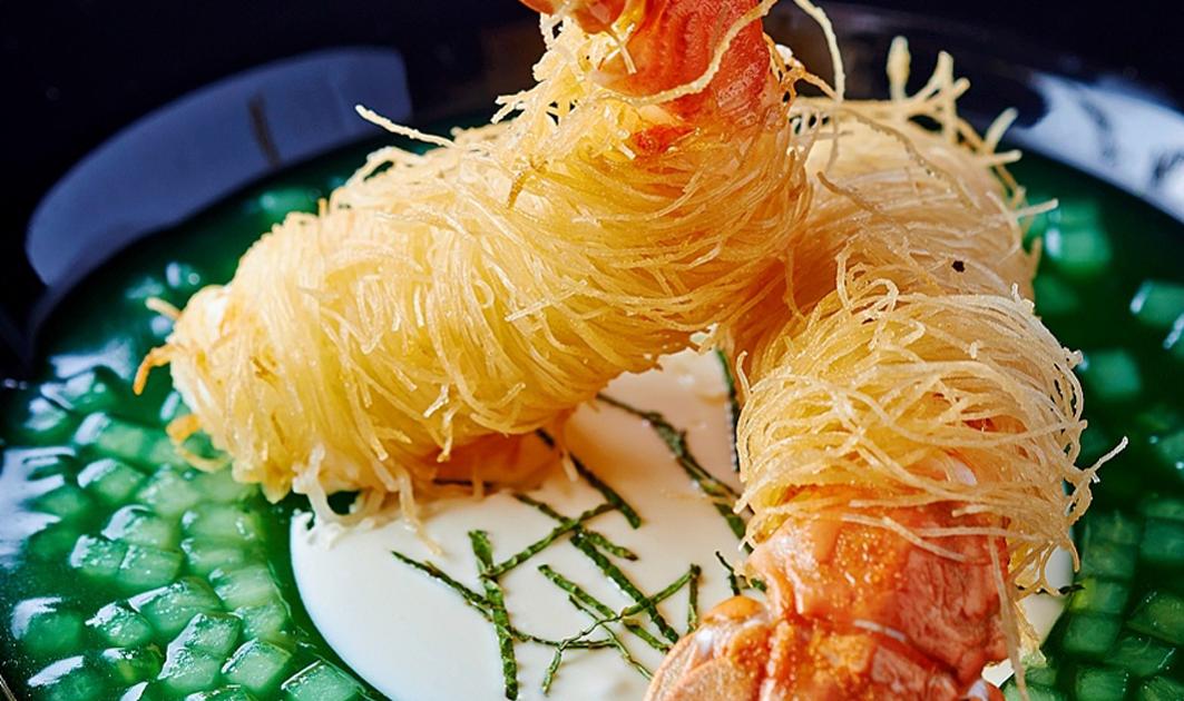Langoustines en kadaïf, gelée de concombre