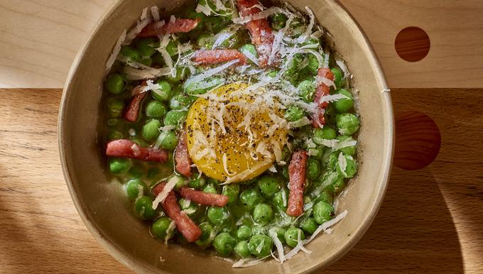 Petits pois à la carbonara
