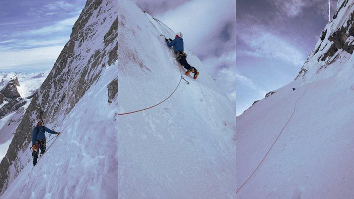 Deux alpinistes français descendent une des pentes les plus raides ...