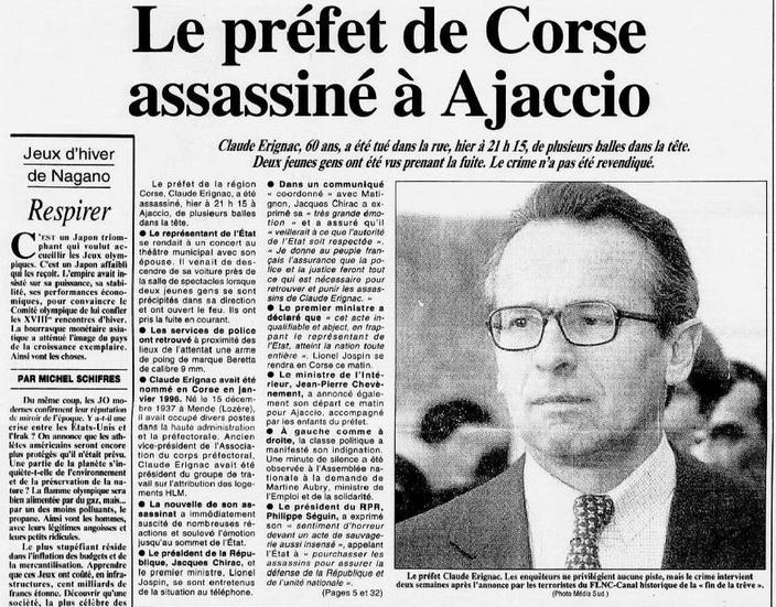 Claude Érignac, préfet de Corse, était assassiné le 6 février 1998