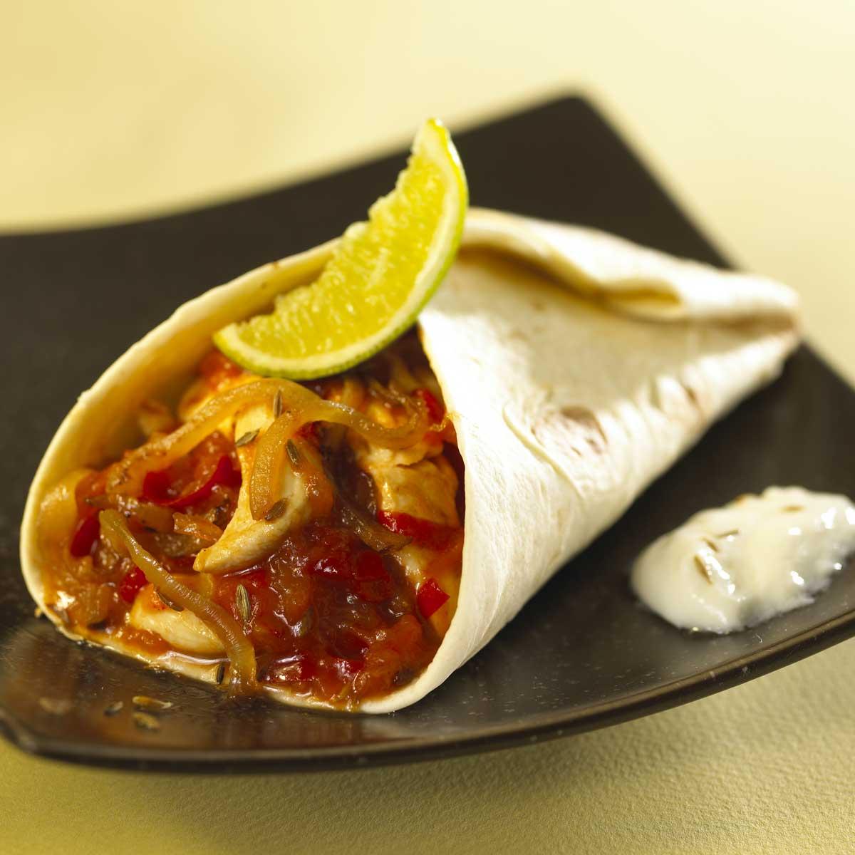 Recette burritos de poulet, tomate pimentée et fraîcheur de...